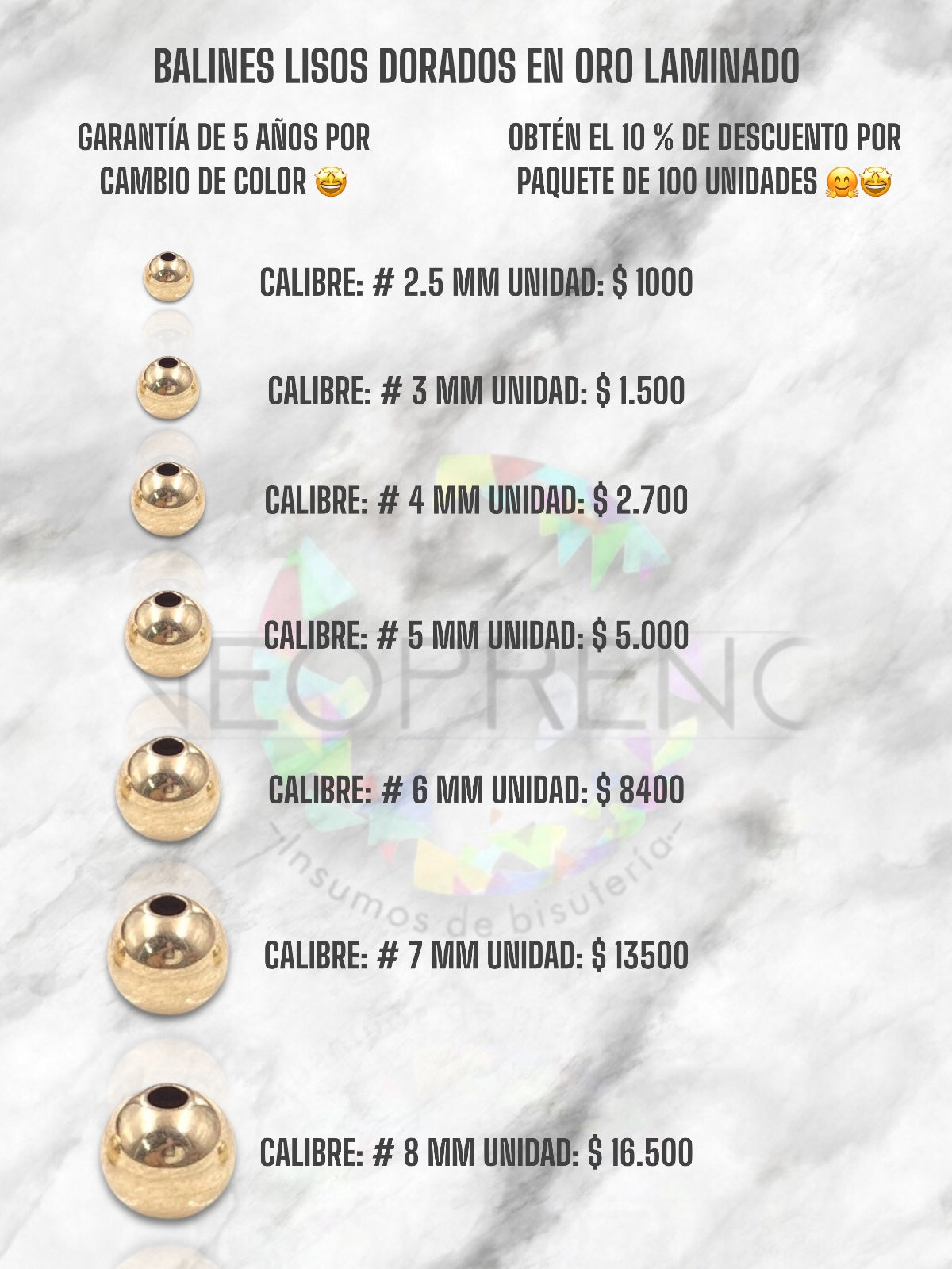 BALIN DORADO ORO LAMINADO #3 – Neopreno Cali